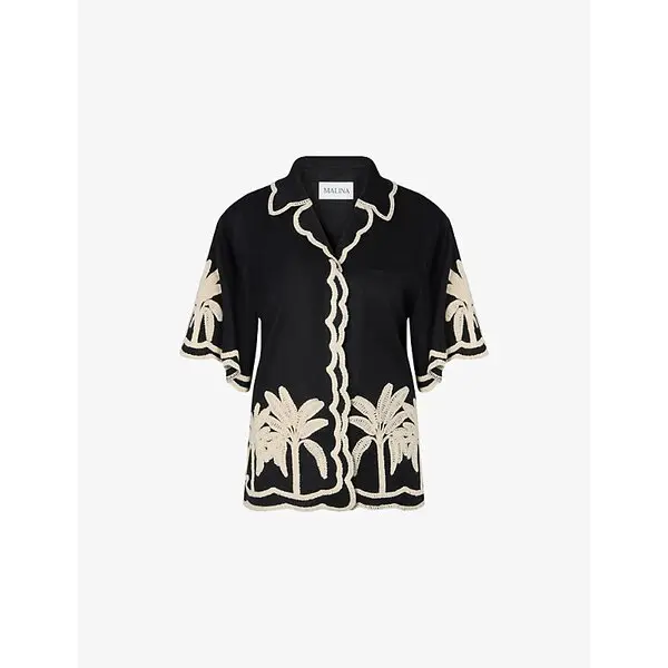MALINA Armida Palm-embroidered Linen-blend Shirt
