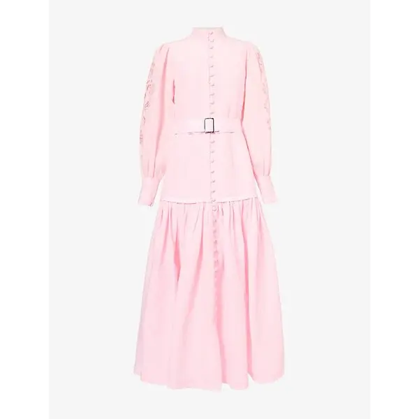 Mona Alshebil Embroidered Sleeve Belted Cotton Maxi Dress - Pink
