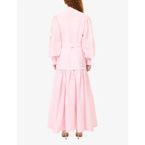 Mona Alshebil Embroidered Sleeve Belted Cotton Maxi Dress