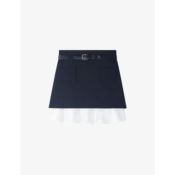 Sandro Ruffled-hem Belted Woven Mini Skirt