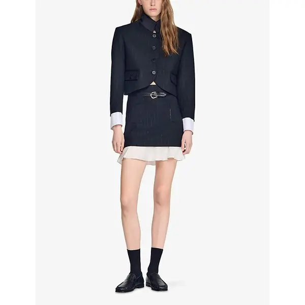 Sandro Ruffled-hem Belted Woven Mini Skirt