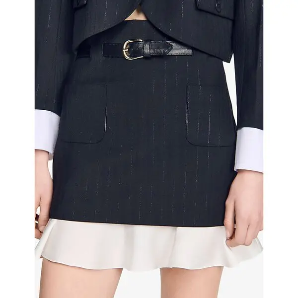 Sandro Ruffled-hem Belted Woven Mini Skirt