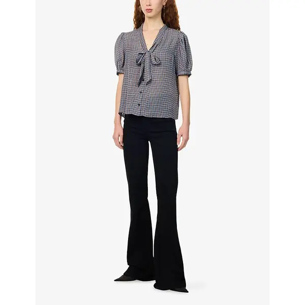 FRAME Houndstooth Silk Blouse With Scarf Tie