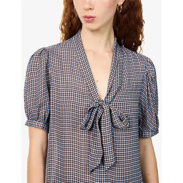 FRAME Houndstooth Silk Blouse With Scarf Tie