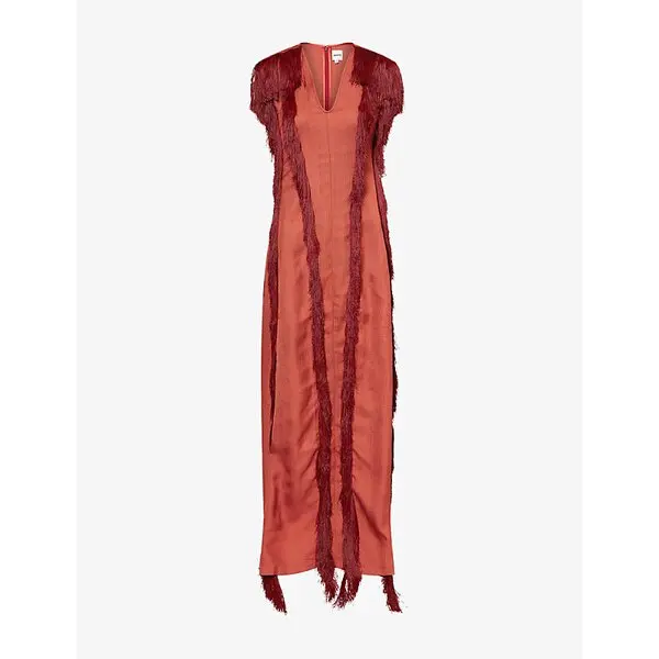 REBIRTH Sleeveless Fringed Woven Maxi Dress - Rust