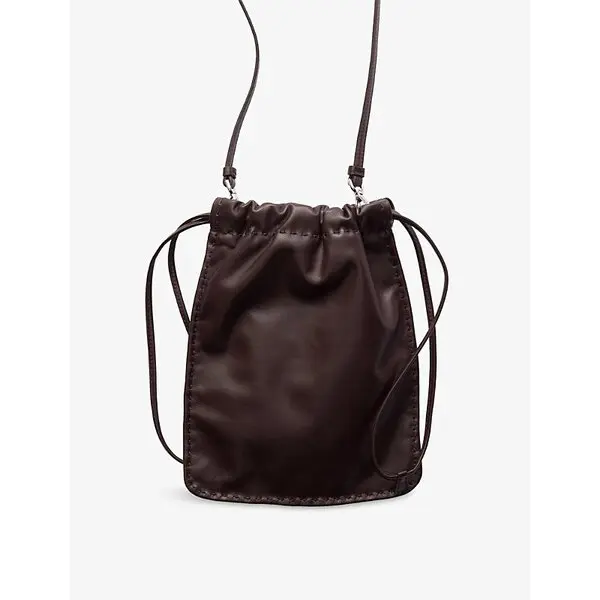 Prada Leather Pouch With Drawstring Closure And Detachable Shoulder Strap - Brown