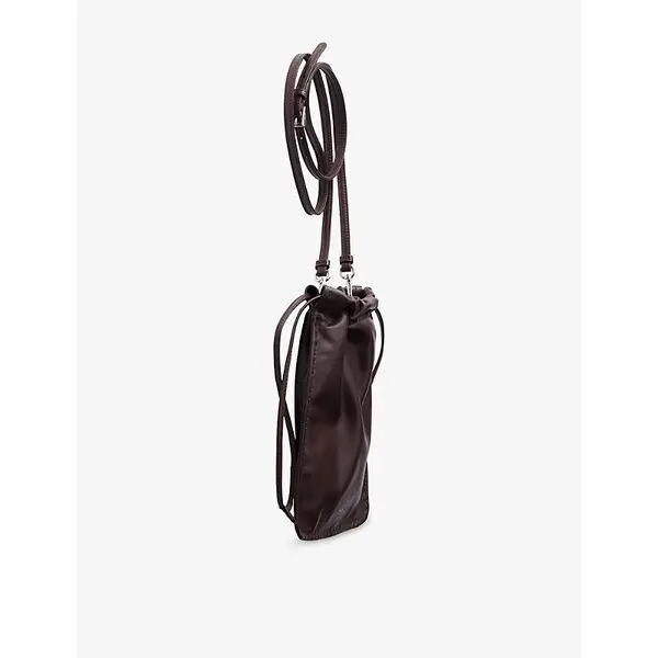 Prada Leather Pouch With Drawstring Closure And Detachable Shoulder Strap - Brown