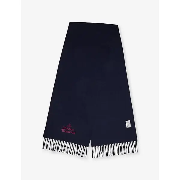 VIVIENNE WESTWOOD Brand-embroidered Fringed-trim Wool Scarf - Dark Blue