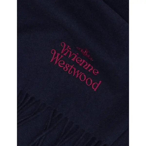 VIVIENNE WESTWOOD Brand-embroidered Fringed-trim Wool Scarf - Dark Blue