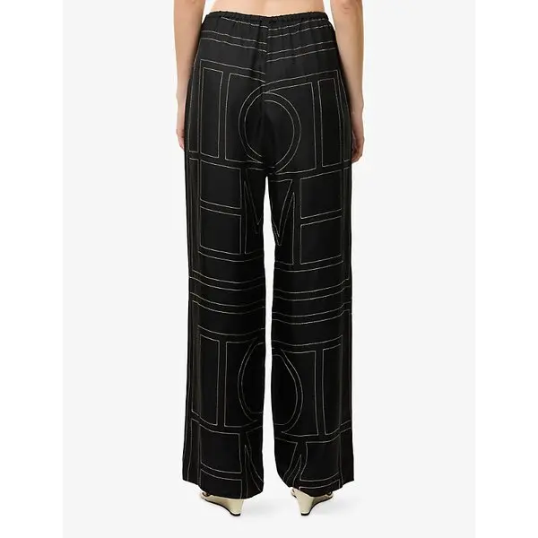 TOTEME Monogram-print Silk-twill Pyjama Bottoms - Black