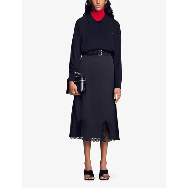Sandro Split-hem Lace-trim Midi Skirt