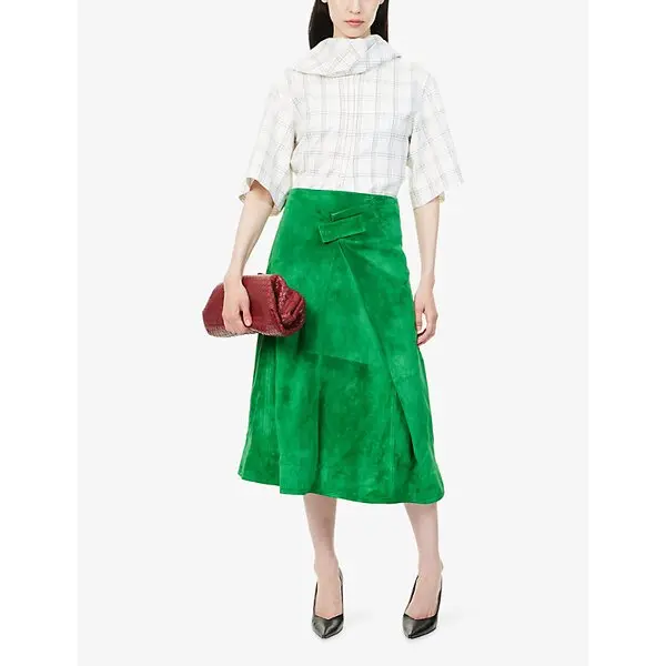 Bottega Veneta Suede Wrap Front Midi Skirt