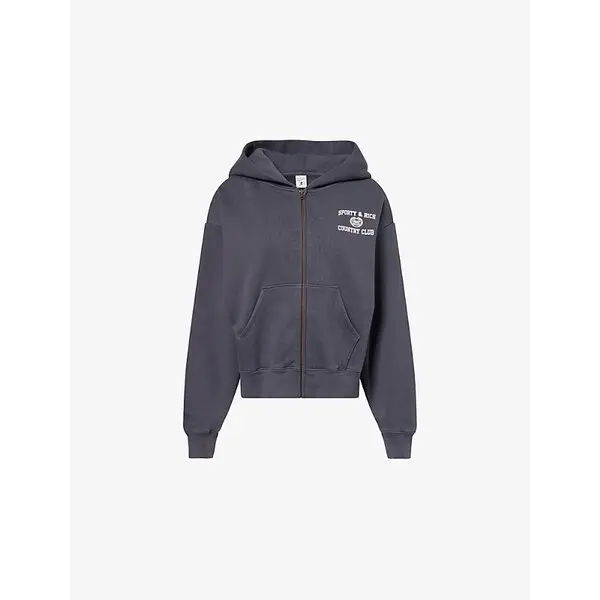 SPORTY & RICH Varsity Crest Zip-up Cotton Fleece Hoody - Carbon