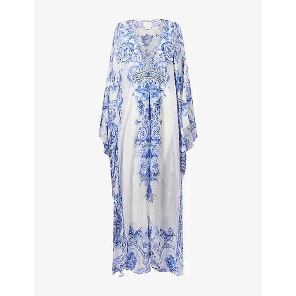 Camilla Porcelain Print V-neck Silk Kaftan - Ceramic Panoramic