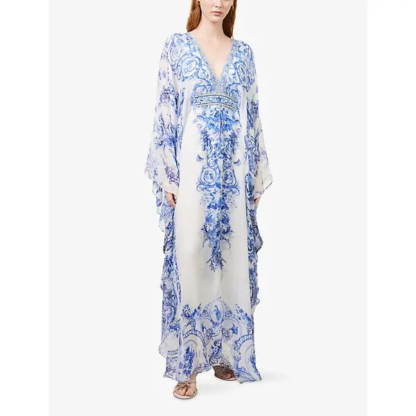Camilla Porcelain Print V-neck Silk Kaftan