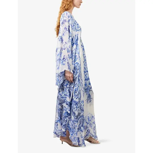 Camilla Porcelain Print V-neck Silk Kaftan