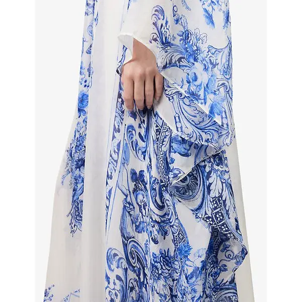 Camilla Porcelain Print V-neck Silk Kaftan