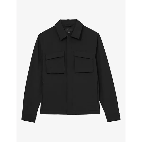 REISS Divide Patch-pocket Button-up Stretch-woven Overshirt - Black