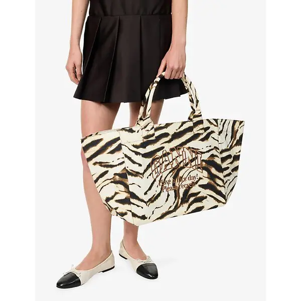 GANNI Zebra Print Xxl Cotton Shopper Tote Bag