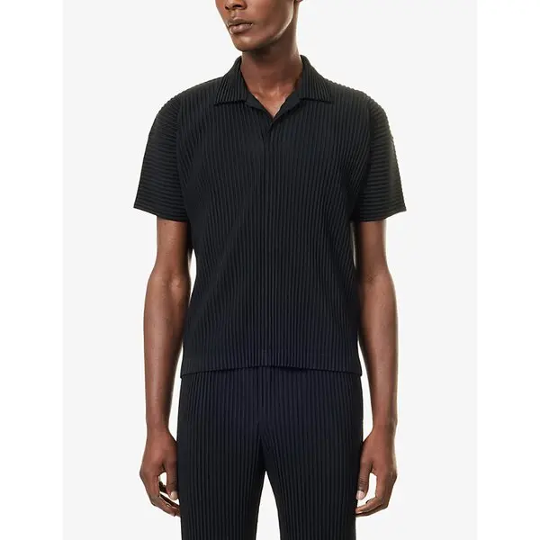 Issey Miyake Basics Pleated Knitted Polo Top - 15-black