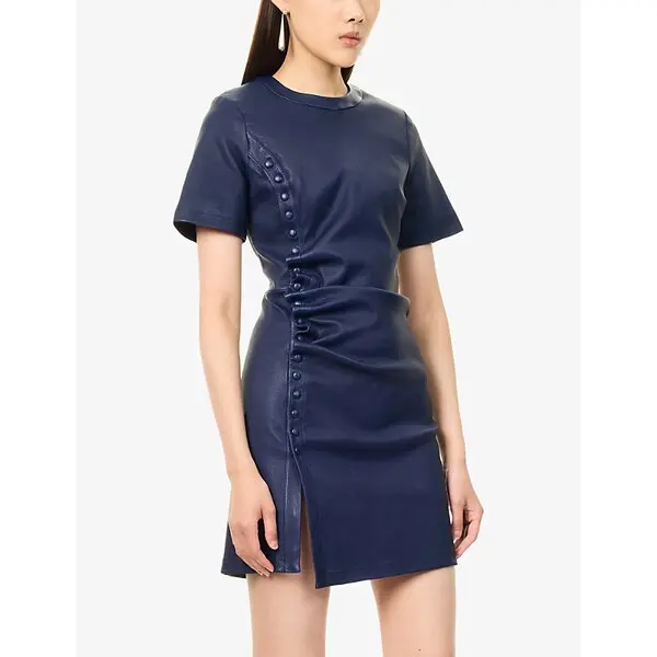 Rabanne Button-embellished Leather Mini Dress - Midnight Blue