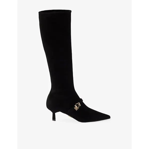 Prada Stretch Heeled Tall Suede Boots - Black