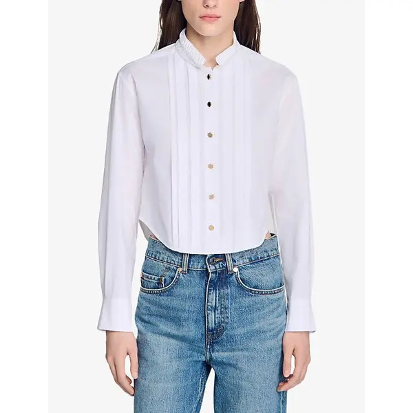 Sandro Pleated Origami-collar Cotton Shirt