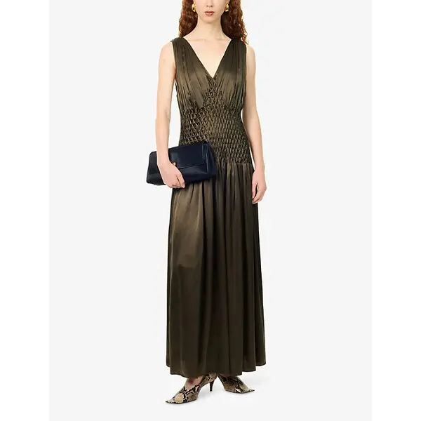 Khaite Smocked-waist Silk Maxi Dress - Dark Olive