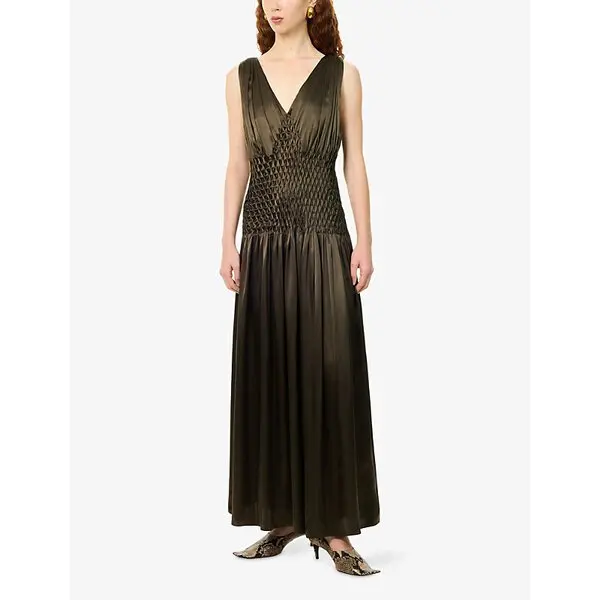 Khaite Smocked-waist Silk Maxi Dress - Dark Olive