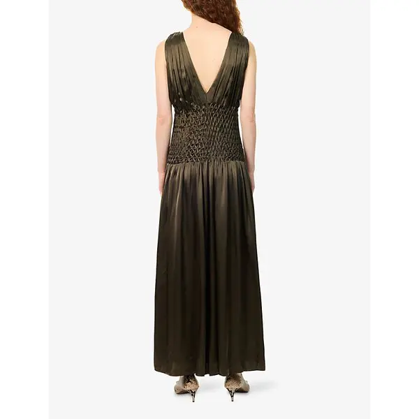 Khaite Smocked-waist Silk Maxi Dress - Dark Olive