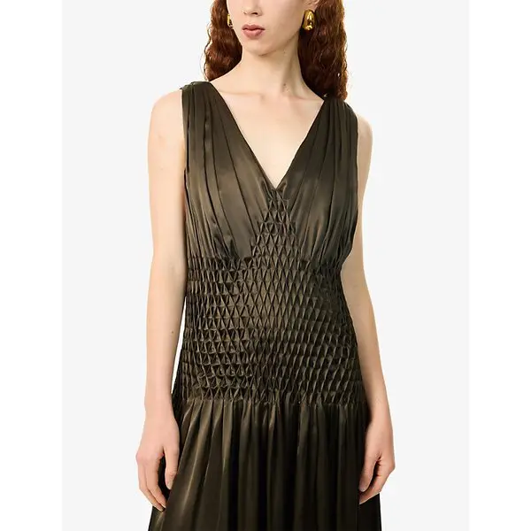 Khaite Smocked-waist Silk Maxi Dress - Dark Olive