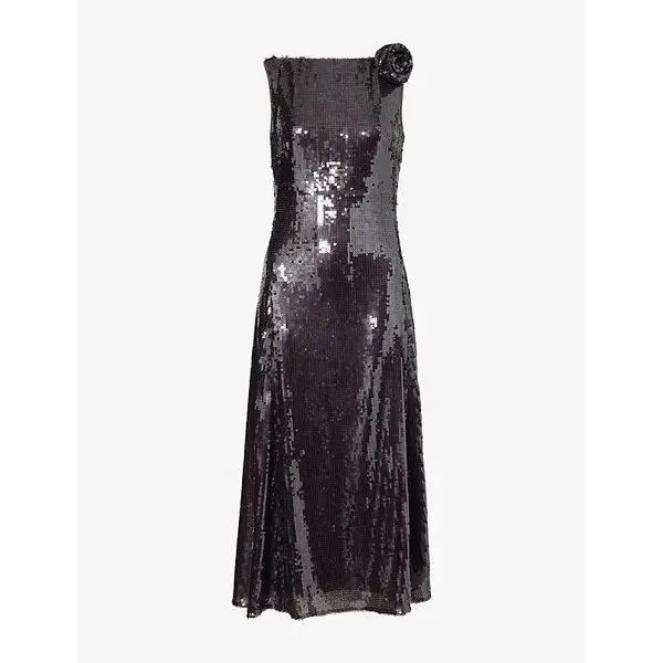 ROTATE BY BIRGER CHRISTENSEN Floral-embellished Square-neck Sequin Maxi Dress - Mole
