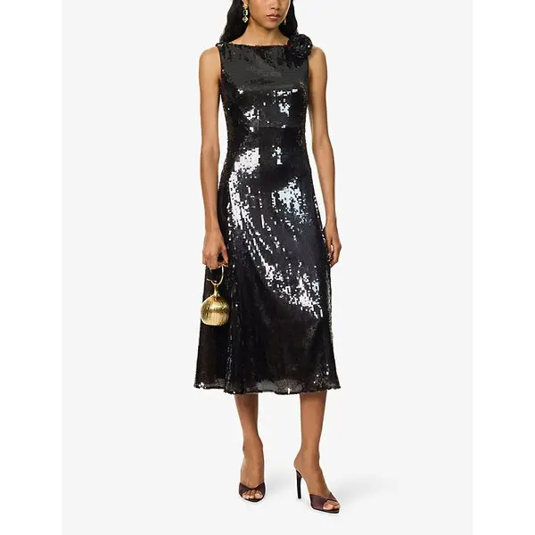 ROTATE BY BIRGER CHRISTENSEN Floral-embellished Square-neck Sequin Maxi Dress