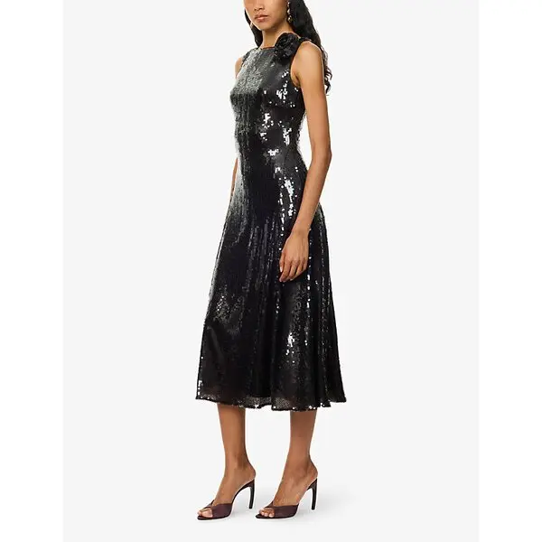ROTATE BY BIRGER CHRISTENSEN Floral-embellished Square-neck Sequin Maxi Dress