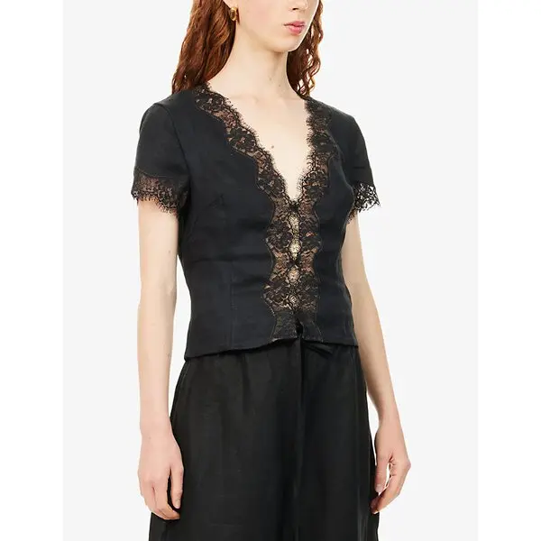 REFORMATION Brynn Lace-trim Linen Top - Black