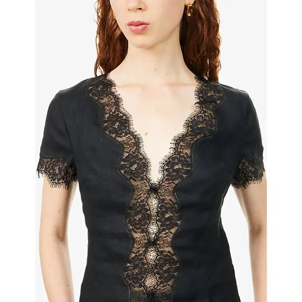 REFORMATION Brynn Lace-trim Linen Top - Black