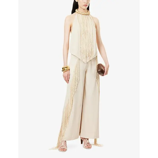 REBIRTH Fringed Bead-embellished Woven High Neck Top