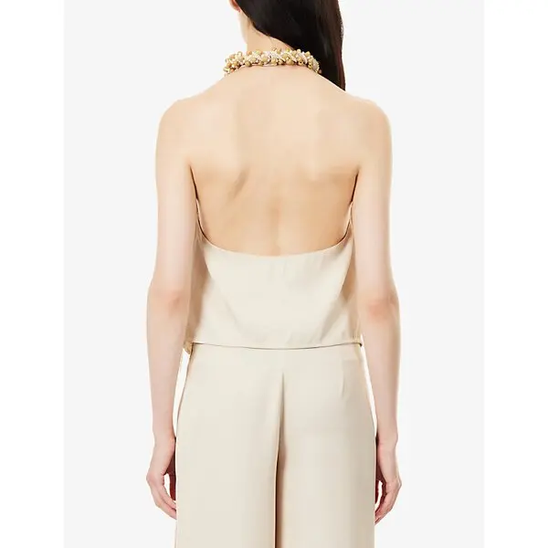 REBIRTH Fringed Bead-embellished Woven High Neck Top