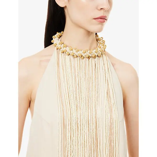 REBIRTH Fringed Bead-embellished Woven High Neck Top