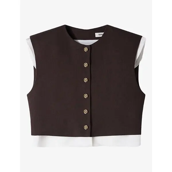 Sandro Cropped Wool-blend Top With Contrast Layer And Gold-tone Buttons