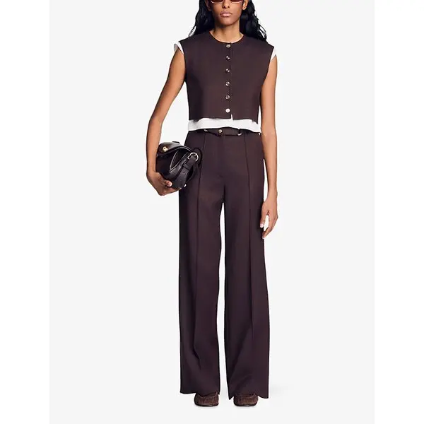 Sandro Cropped Wool-blend Top With Contrast Layer And Gold-tone Buttons
