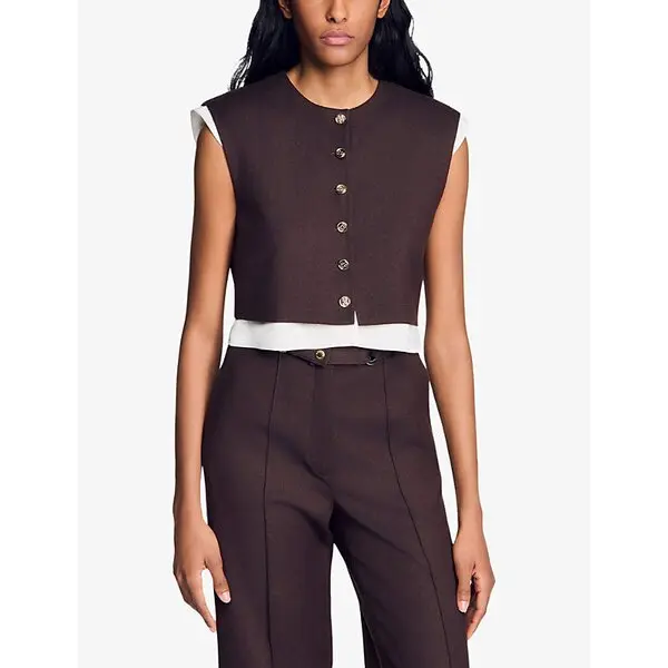 Sandro Cropped Wool-blend Top With Contrast Layer And Gold-tone Buttons