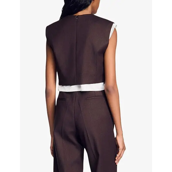 Sandro Cropped Wool-blend Top With Contrast Layer And Gold-tone Buttons