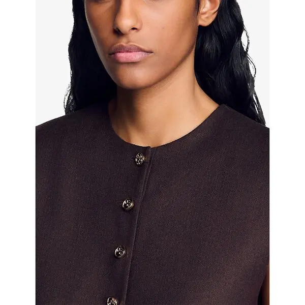 Sandro Cropped Wool-blend Top With Contrast Layer And Gold-tone Buttons
