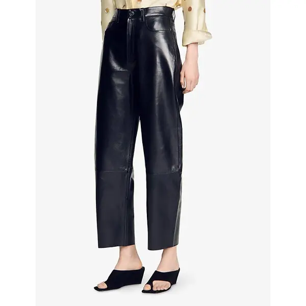 Sandro Barrel-leg High-rise Leather Trousers