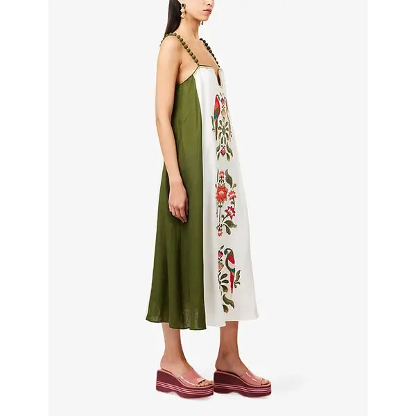 Farm Rio Linen-blend Maxi Dress With Beaded Straps