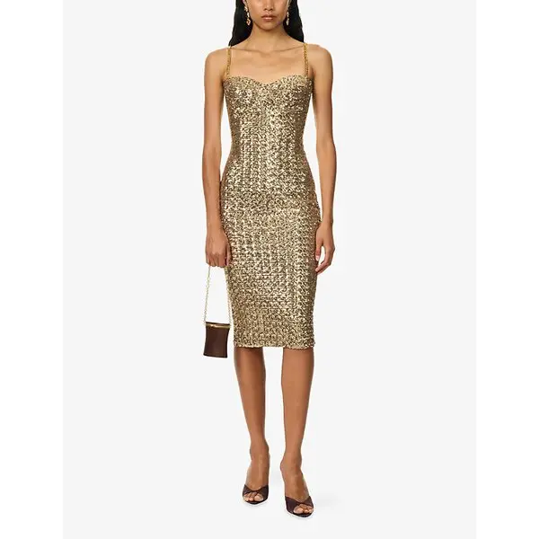NADINE MERABI Sequin-embellished Sweetheart Neck Midi Dress