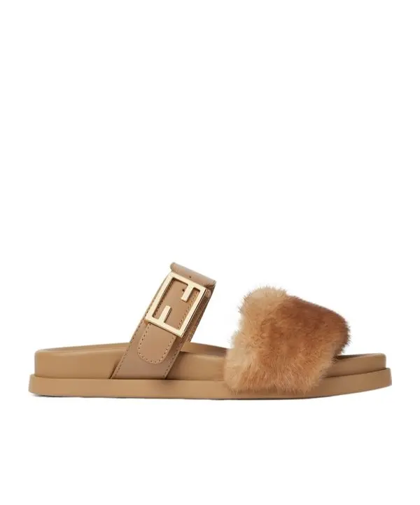 Fendi Ff Buckle Double-band Slides With Mink Detail
