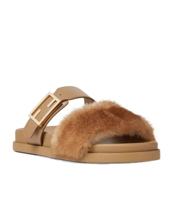 Fendi Ff Buckle Double-band Slides With Mink Detail