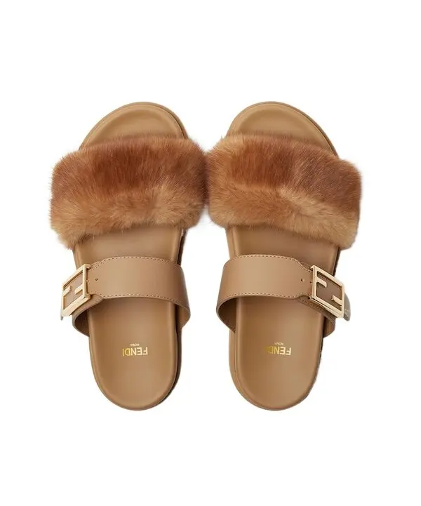 Fendi Ff Buckle Double-band Slides With Mink Detail